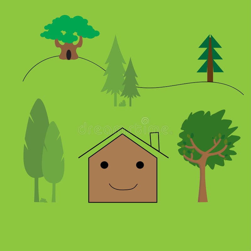 House Smiling with Different Types of Trees Stock Vector - Illustration ...
