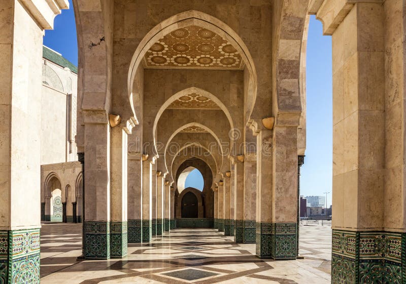 Morocco. Arcade of Hassan II Mosque in Casablanca Stock Photo - Image ...