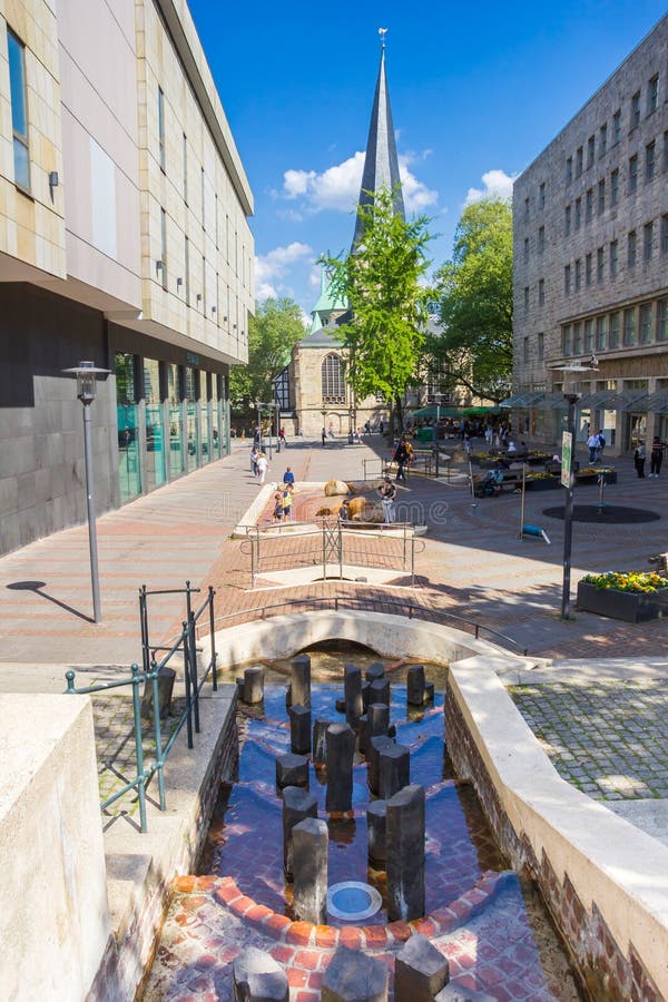 Cascade and Bridge at a Small Square in Essen Editorial Photo - Image ...