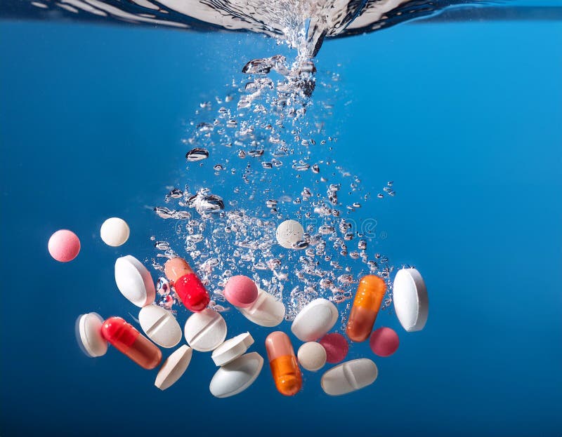 A Cascade of Drug Tablets Falling into Water Stock Illustration ...