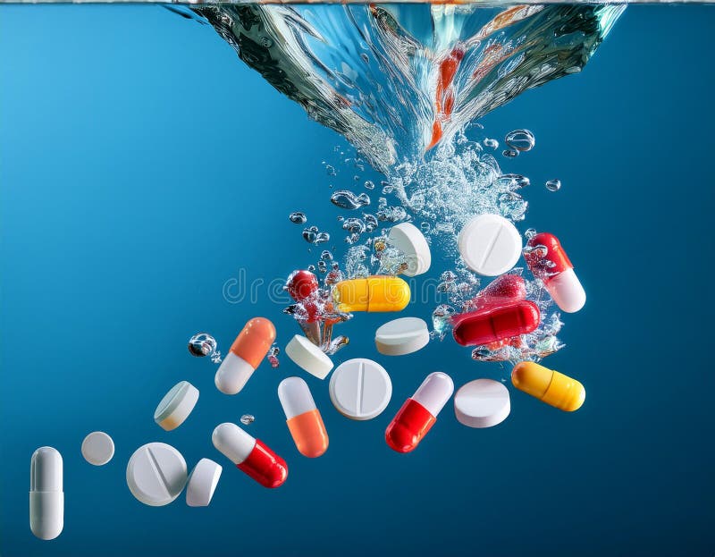 A Cascade of Drug Tablets Falling into Water Stock Illustration ...