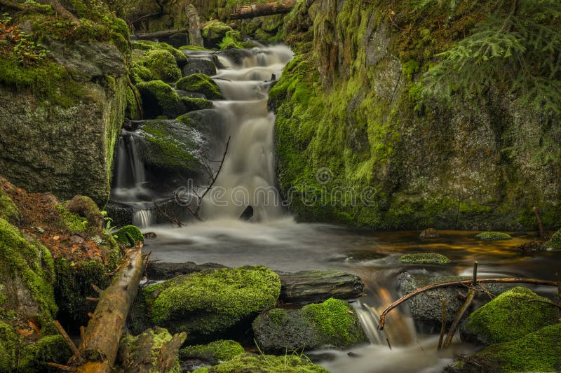 Cascade on Konsky Creek in Spring Light Green Day with Cloudy Sky Stock ...