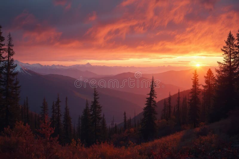 Cascade Range at Evening with Dramatic Sunset and Snow-Capped Mountains ...
