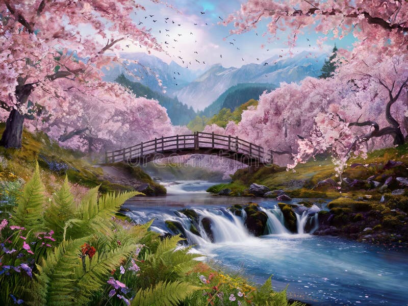 Cascade River Mountain with Cherry Blossom Trees Stock Illustration ...