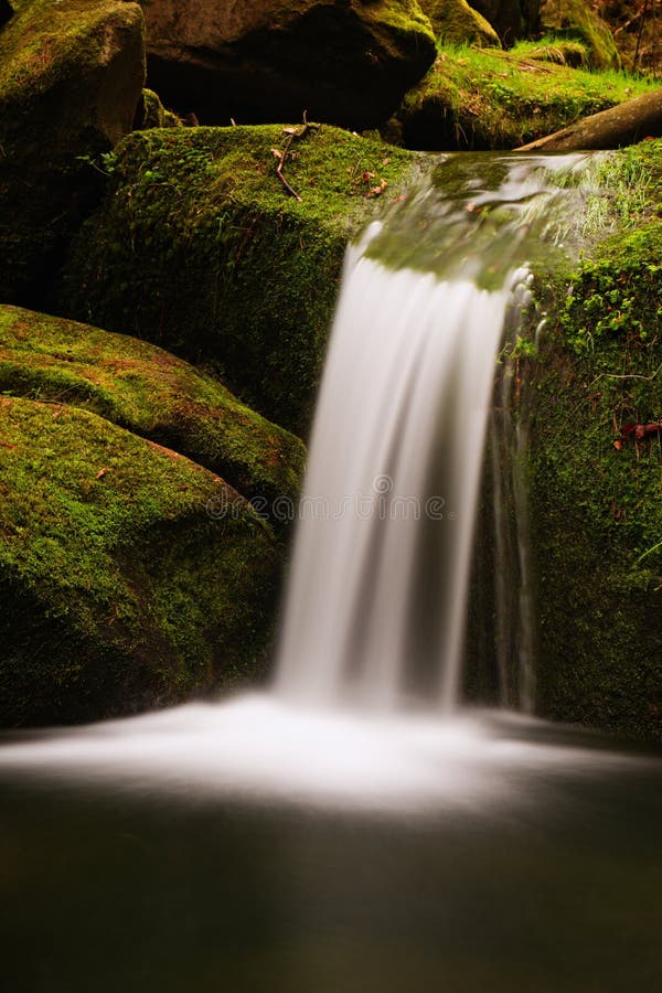 Cascade on Small Mountain Stream. Cold Crystal Water is Falling Over ...