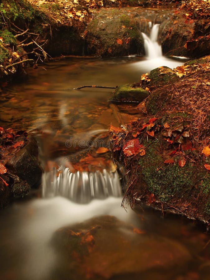 Cascade on Small Mountain Stream, Water is Running between Boulders and ...