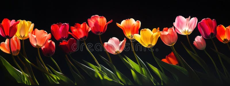 Tulip Silhouettes Cascade in Wave Formation on Black Background Stock ...
