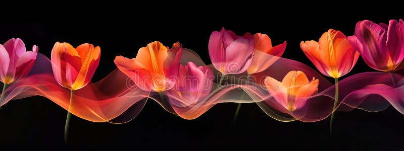 Tulip Silhouettes Cascade in Wave Formation on Black Background Stock ...