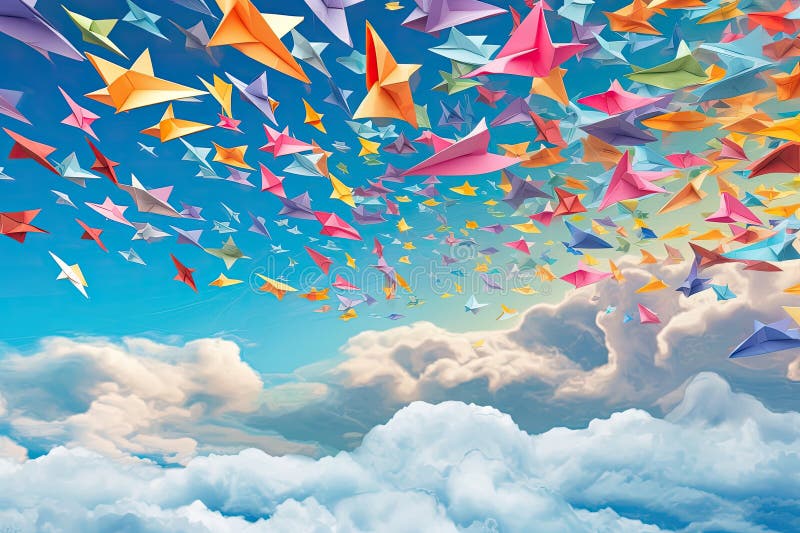Cascade of Vibrant Paper Planes Soaring through the Sky, Representing ...