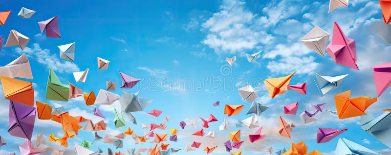Cascade of Vibrant Paper Planes Soaring through the Sky, Representing ...