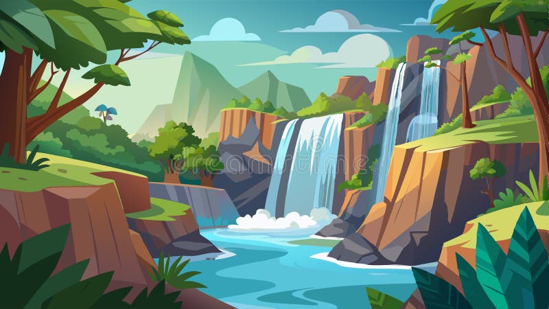 Cascade Waterfall with Jungle River Flow and Fall from High Rocky ...