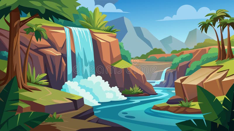 Waterfall on the River, Vector Illustration. Cartoon Flat Style Stock ...