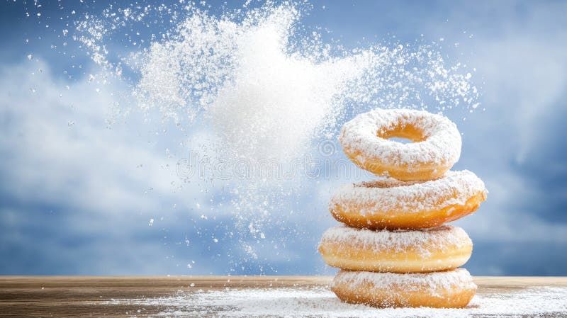 A Cascade of White Sugar Powder Adorns a Delightful Stack of Donuts on ...