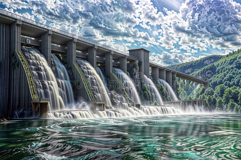 Dramatic Spillway Creating Waterfall Effects Against Clouds, Generative ...