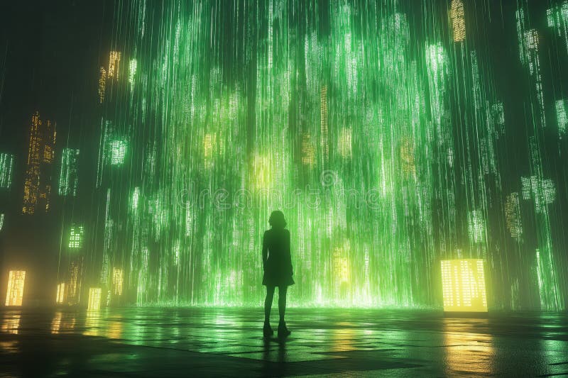 Cascading Digital Symbols in Neon-green Create a Mesmerizing Cyberpunk ...