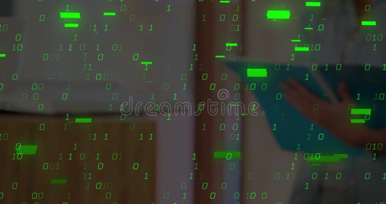 Cascading Green Binary Digits Overlaying Blurred Office Shelving, with Person Holding Blue ...
