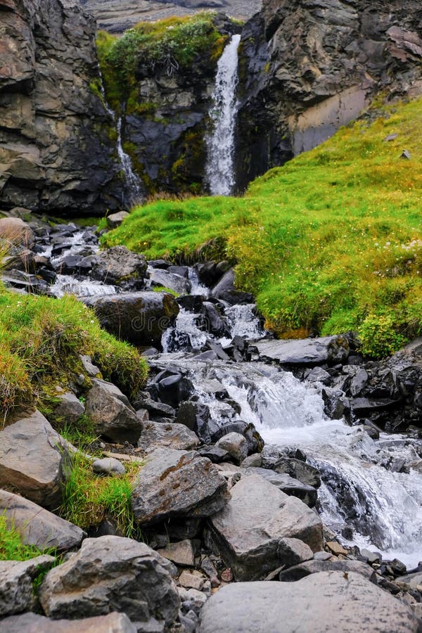 Cascading Mountain Stream with a Waterfall in Iceland. Beautiful Mountain River Stock Image ...