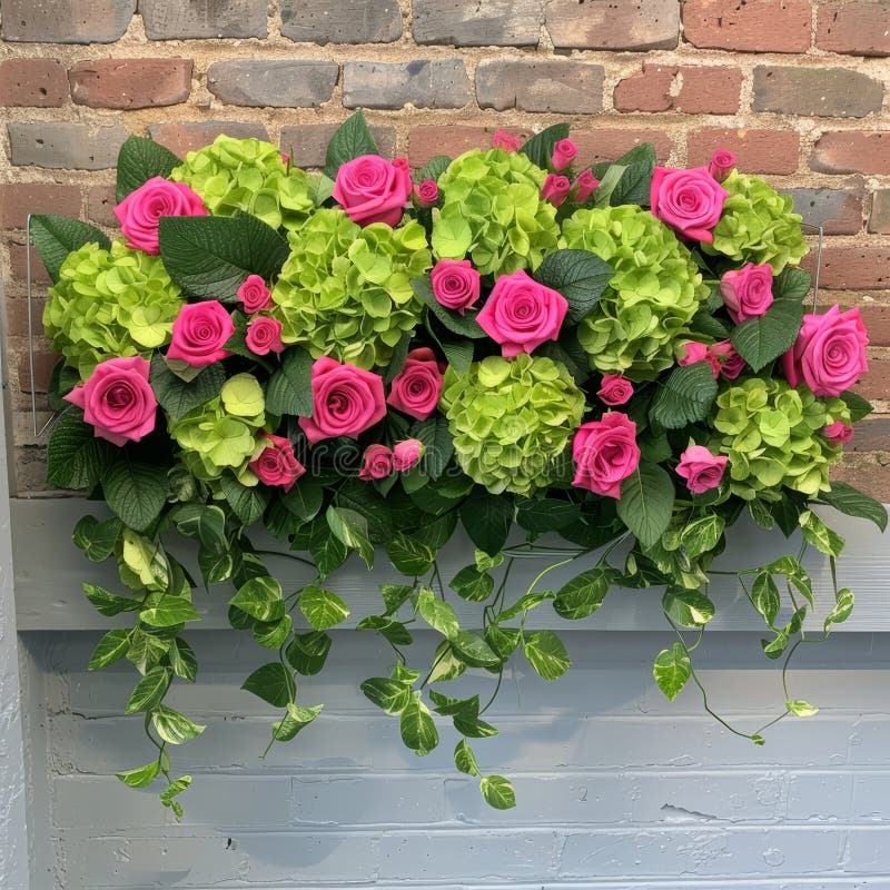 Cascading Pink Roses and Green Hydrangeas Arrangement, Flowing with ...