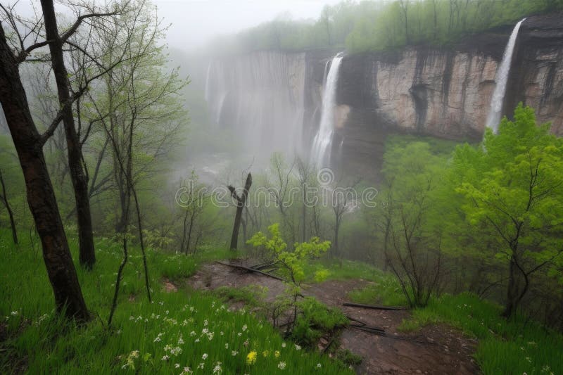 Cascading Spring Waterfalls in the Mist of a Thunderstorm Stock ...