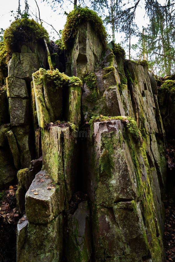 Cascading Stone Formation with Green Moss in the Forest, Vertical Shot ...