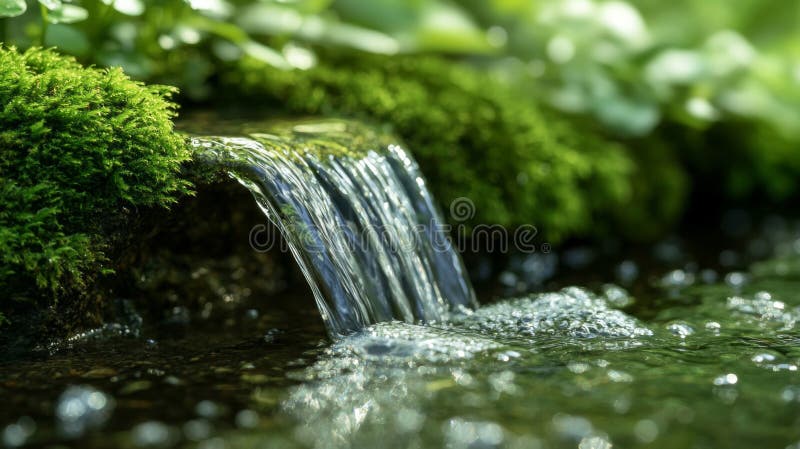Cascading Water Over Mossy Rocks in Lush Green Nature Stock ...