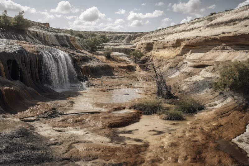 Cascading Waterfall Amidst Dried-out Landscape of Drought Stock ...