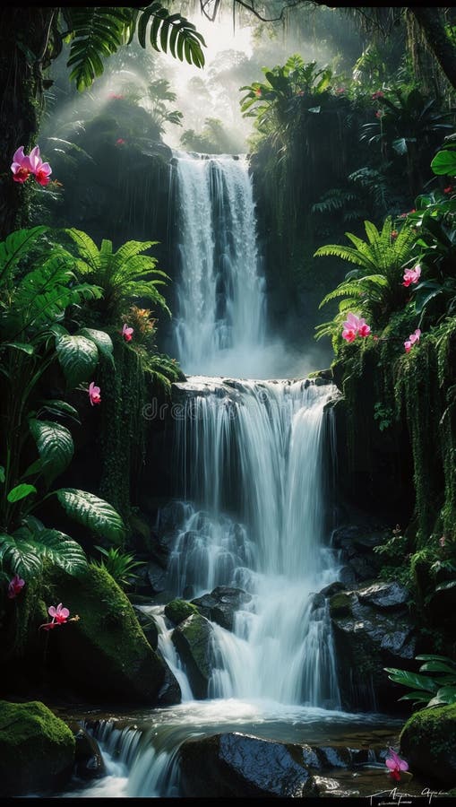 Cascading Waterfall in a Dense Tropical Rainforest Stock Illustration ...