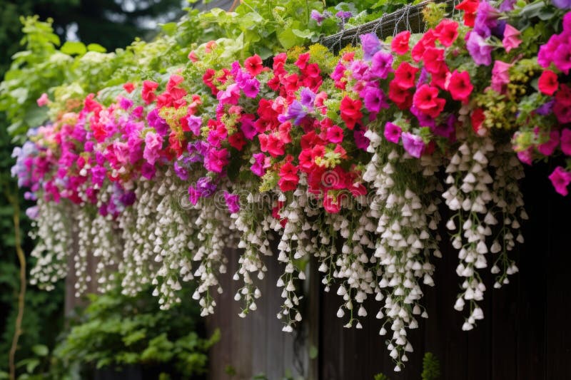 A Cascading Waterfall of Flowers from Hanging Baskets Stock Image ...