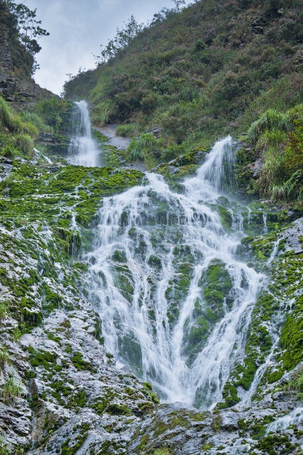 Cascading Waterfall Flows Down a Moss-covered Rocky Hillside. Stock ...