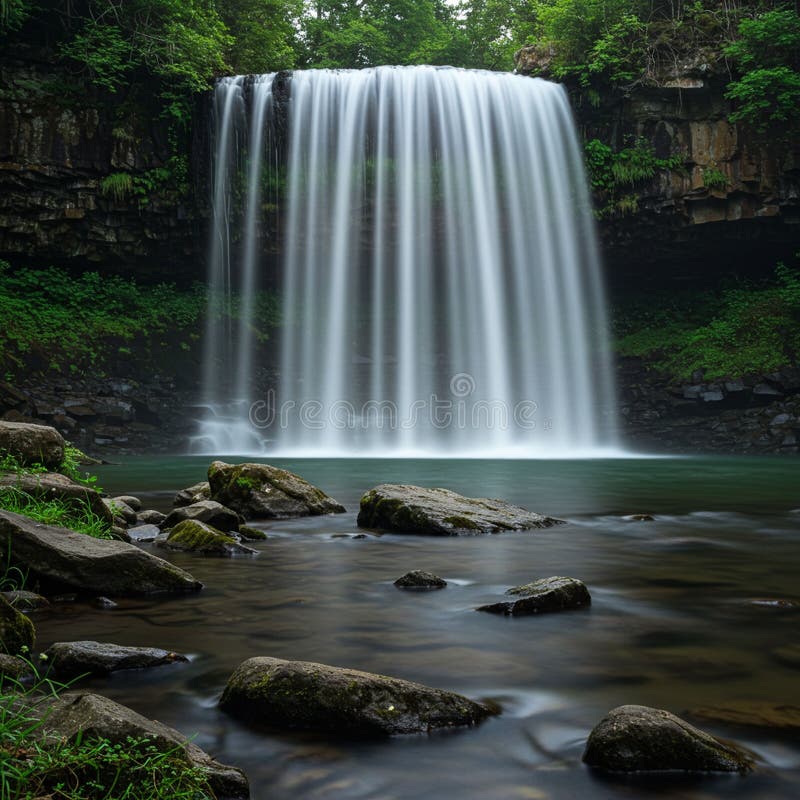 Cascading Waterfall Flows Over a Rocky Ledge into a Calm Pool ...