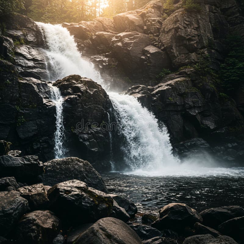 Cascading Waterfall Flows Over Rugged, Dark Gray Rocks, Surrounded by ...