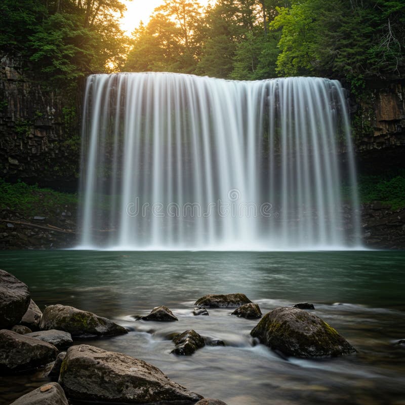 A Cascading Waterfall Flows Over a Wide, Rocky Ledge into a Calm Pool ...