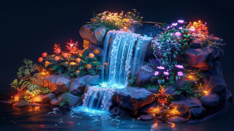 A Cascading Waterfall Flows through a Vibrant, Mystical Garden ...