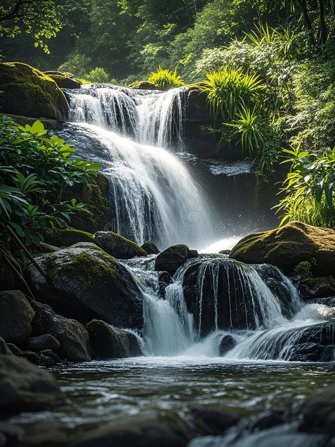 Cascading Waterfall Greenery Beautiful Nature Concept. Stock Illustration - Illustration of ...