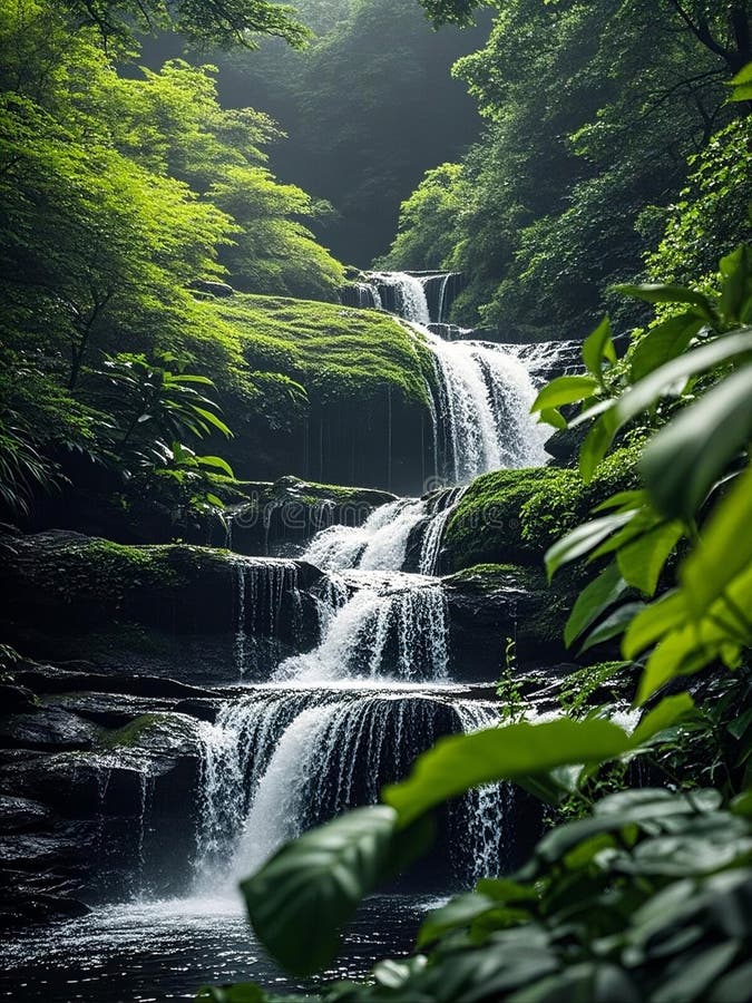 Cascading Waterfall Greenery Beautiful Nature Concept. Stock ...