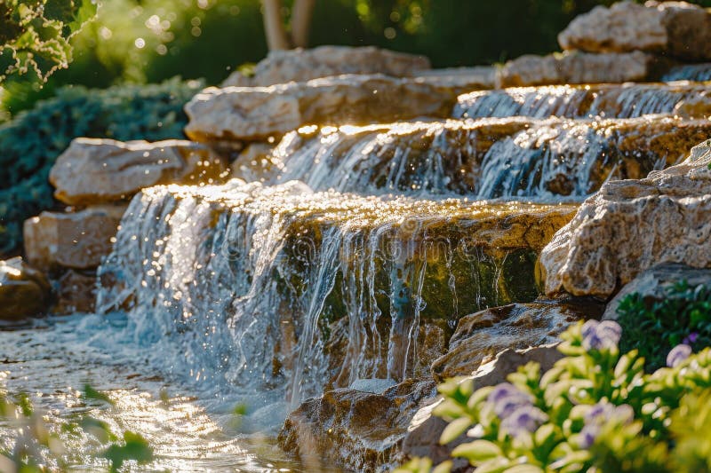 A Cascading Waterfall in the Midst of a Garden Setting, Glistening ...