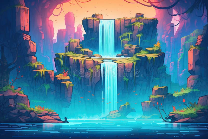 A Cascading Waterfall with Neon Light Emitting from the Water Stock ...