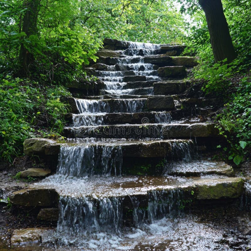 Cascading Waterfall Over Stone Steps Lush Green Forest Setting Stock ...