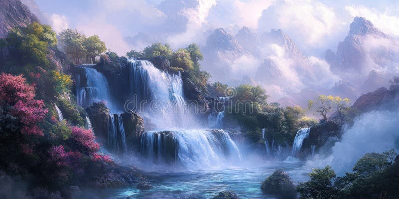 Cascading Waterfall with Soft Mist Background for Serene and Natural ...