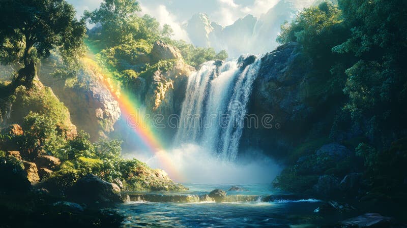 Cascading Waterfall in Spring Mountains with Vibrant Rainbow and Lush ...