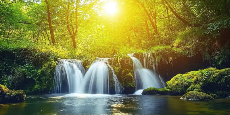 Cascading Waterfall in a Sun-Dappled Forest Stock Illustration ...