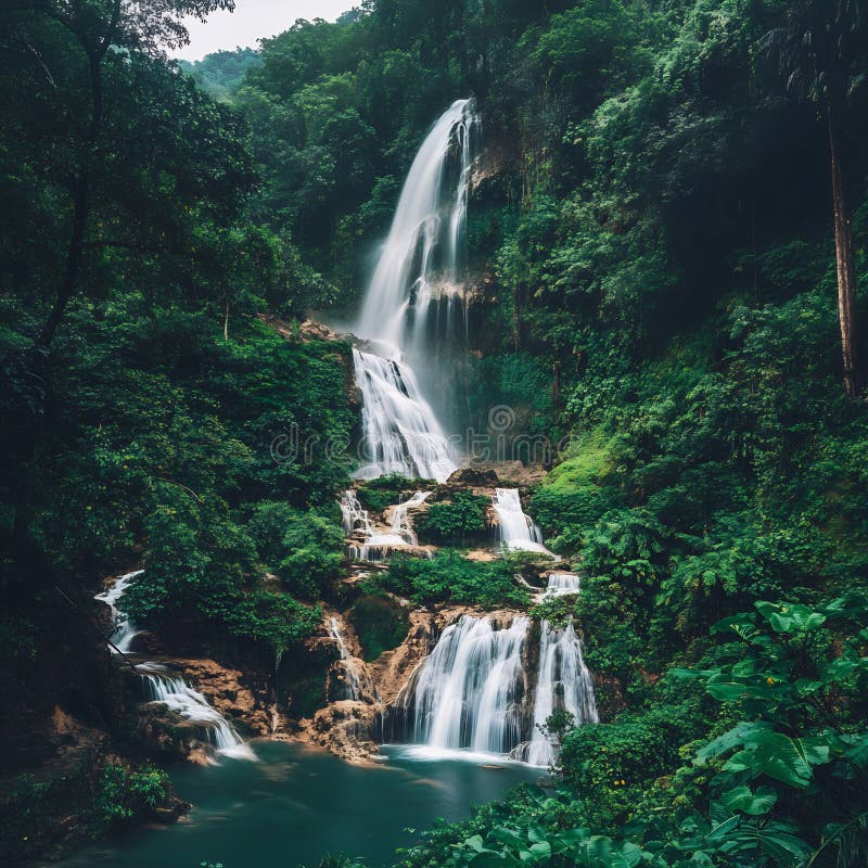 Cascading Waterfall Surrounded by Dense, Lush Rainforest Vegetation ...