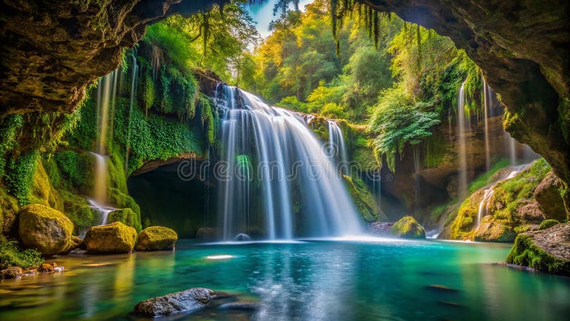 A Cascading Waterfall Tumbling into a Hidden Cave Stock Illustration ...