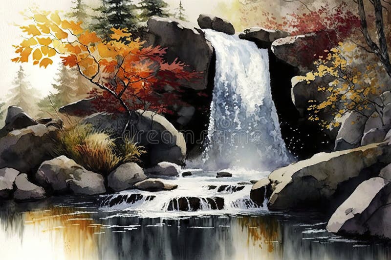 Cascading Waterfall in Vibrant Watercolors for Invitations and Posters ...