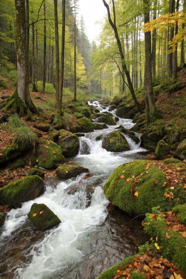 Cascading White Water Mountain Stream with Moss Stock Illustration - Illustration of forestscape ...