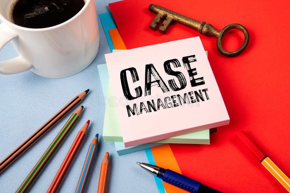 Case Management. Notepad with Text, Coffee Mug and Golden Key on Office ...