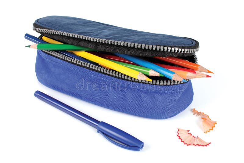 Pencil Case Full with Pens and Pencils, Isolated on White Background ...