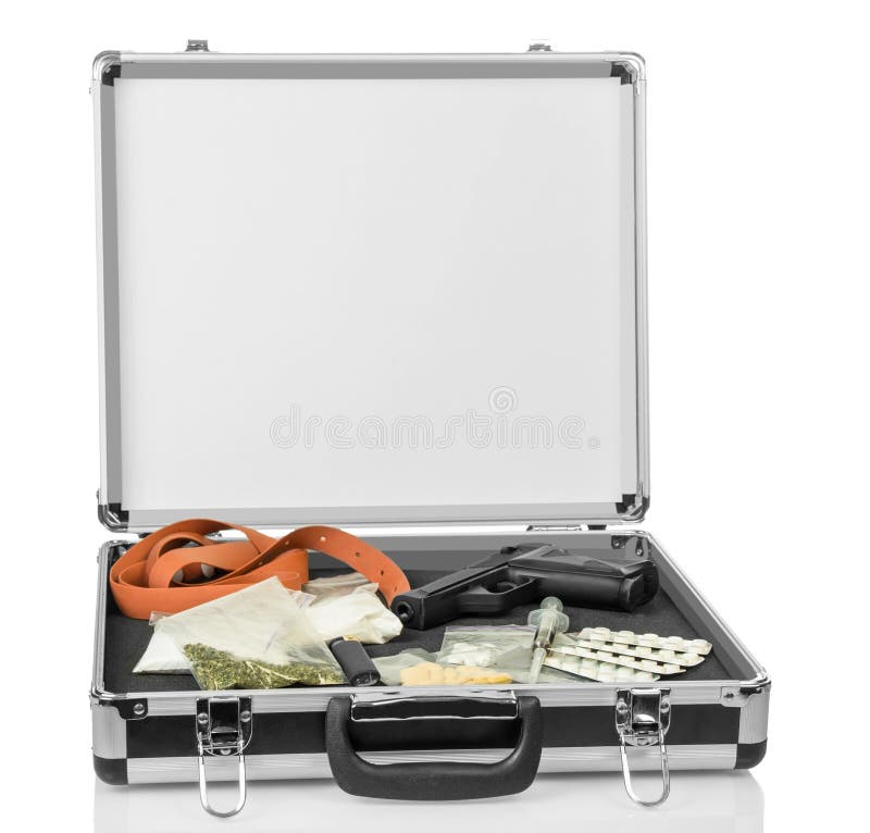 Case With Money, Gun And Drugs Stock Photo - Image of monotone, heroin ...