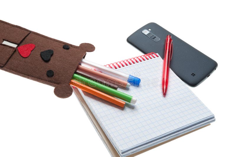 Case for Pens and Phone with Notebook Stock Image - Image of surface ...
