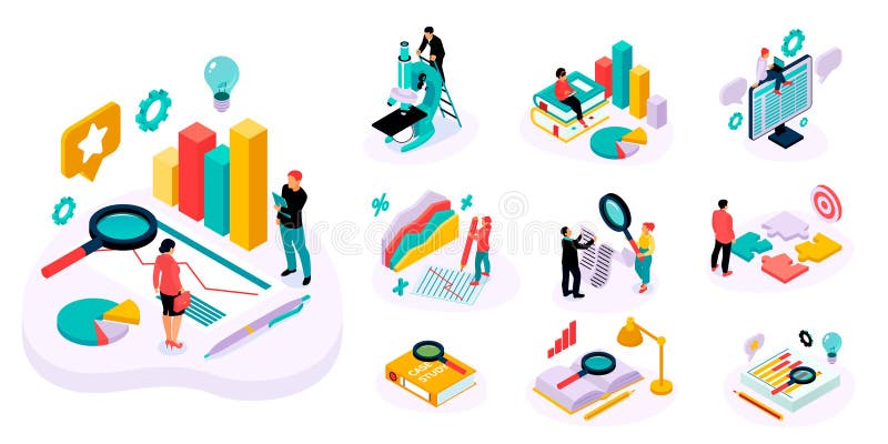 Case Study Illustration with Icons in Isometric View Stock Illustration ...